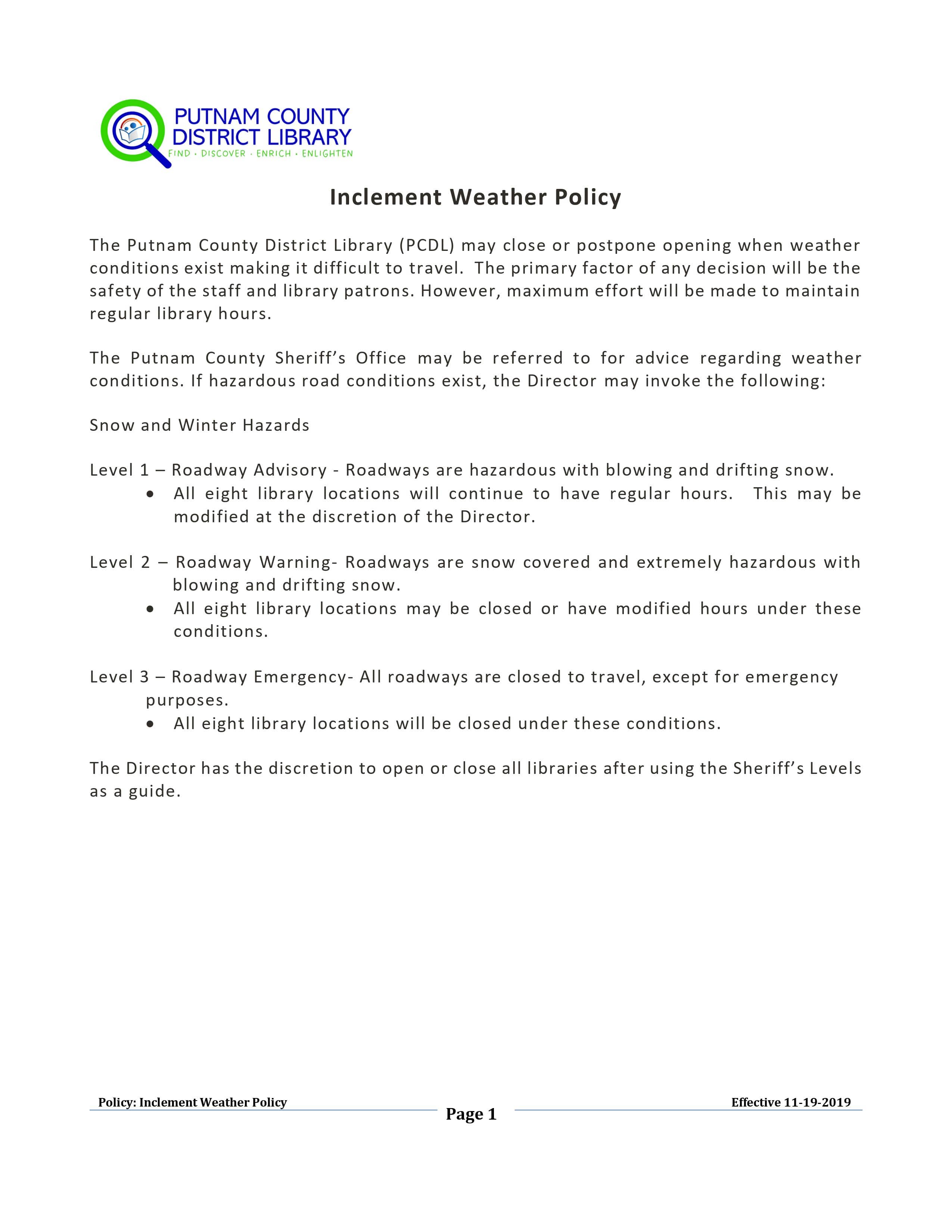 Inclement Weather Policy | Putnam County District Library