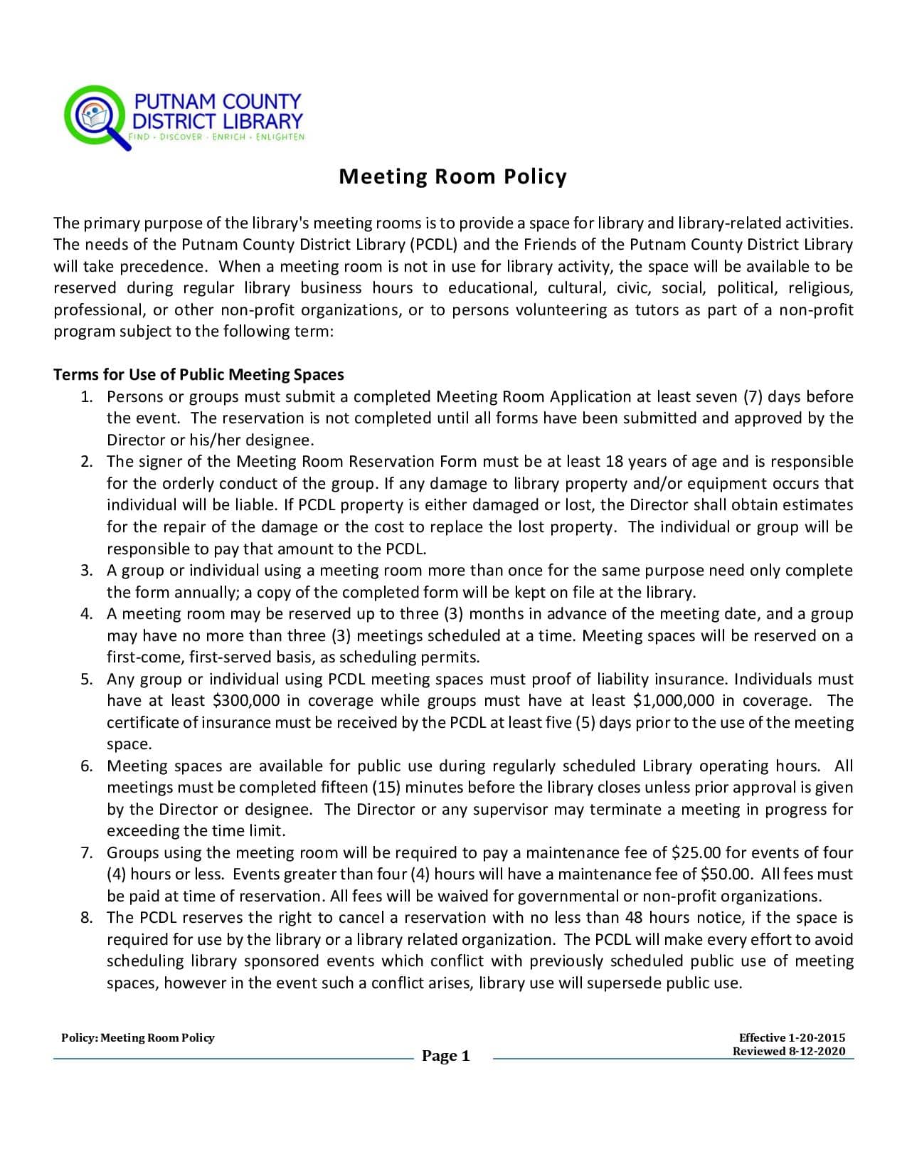 Meeting Room Policy | Putnam County District Library