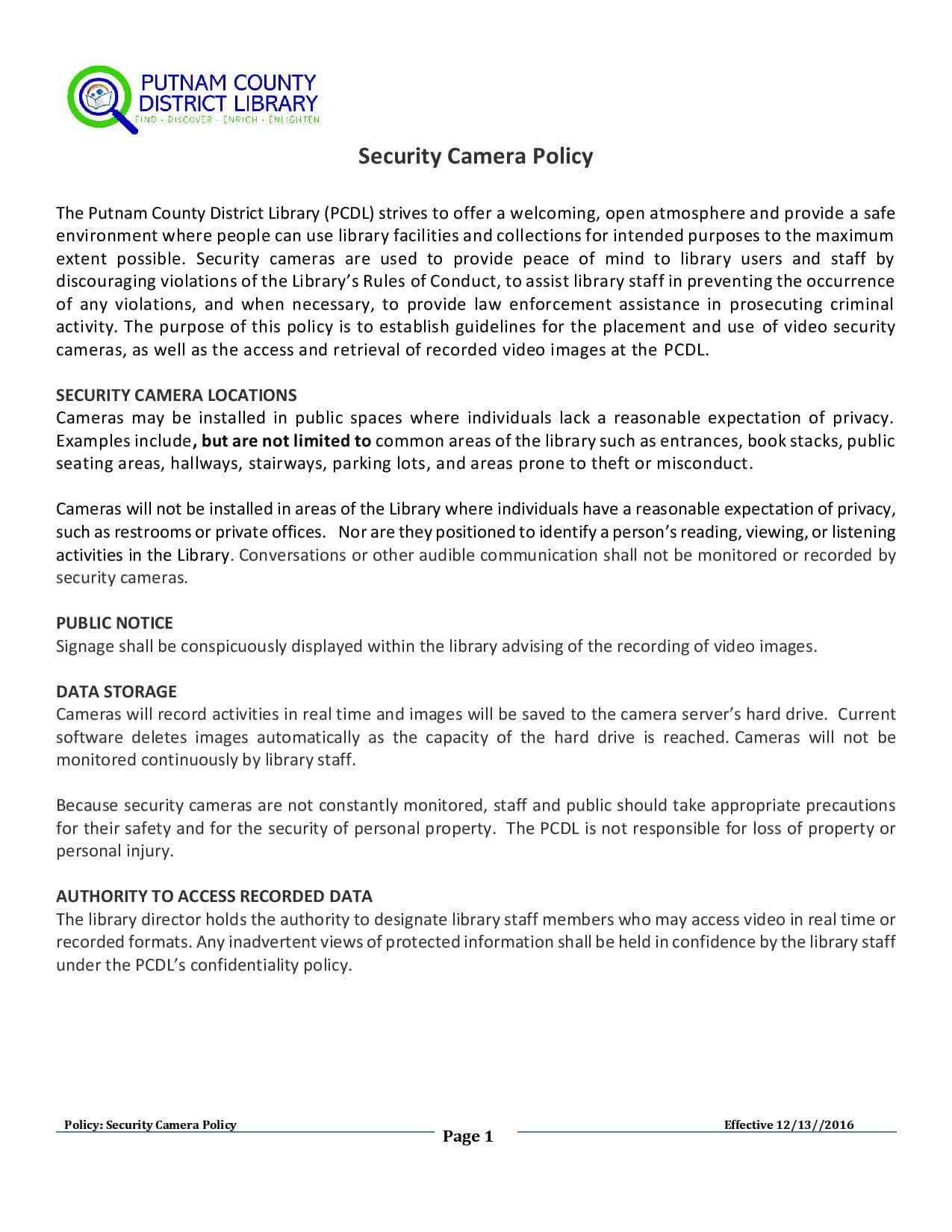 Security Camera Policy | Putnam County District Library