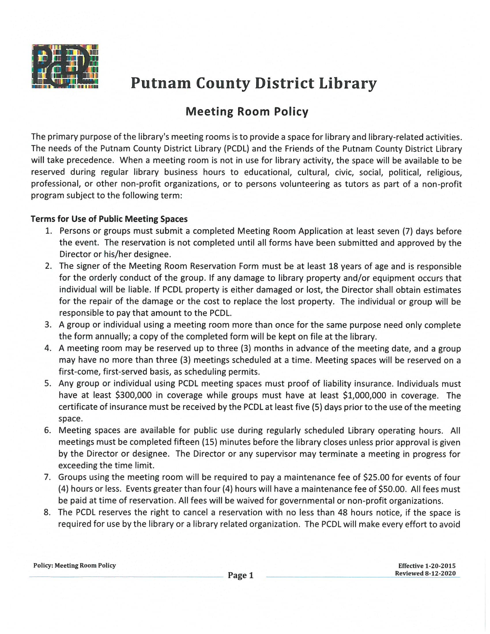 Meeting Room Policy | Putnam County District Library