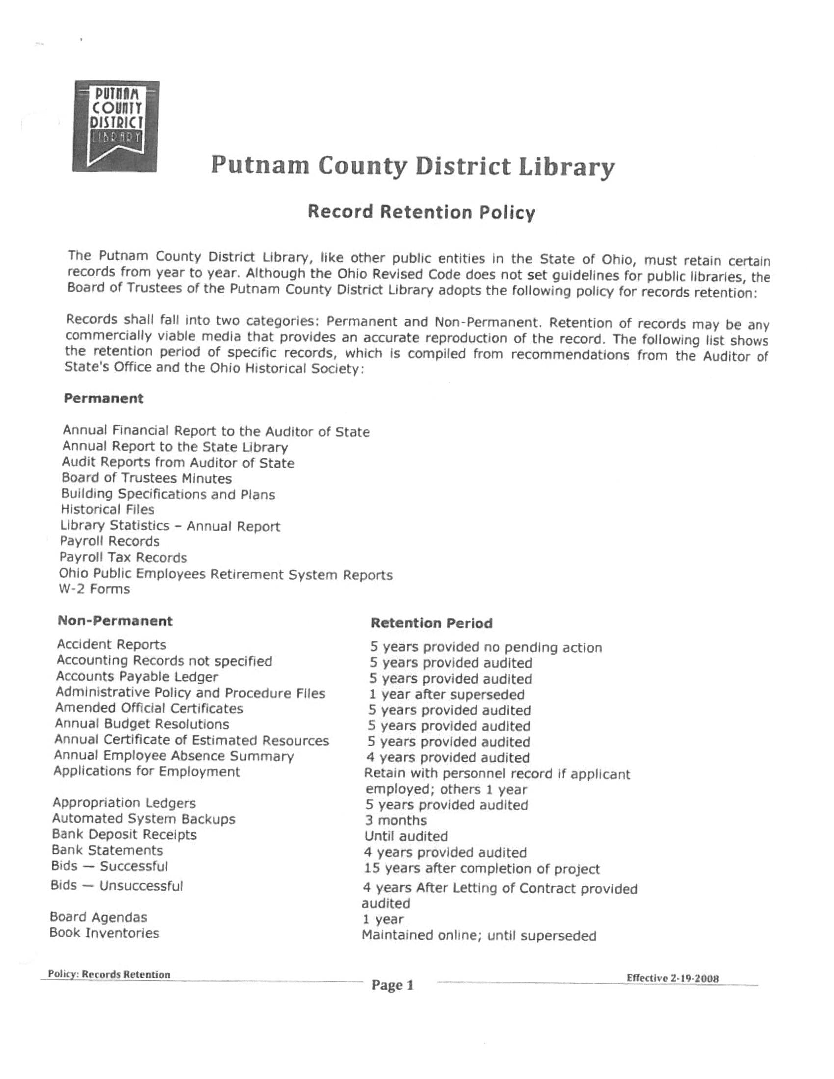 Records Retention | Putnam County District Library