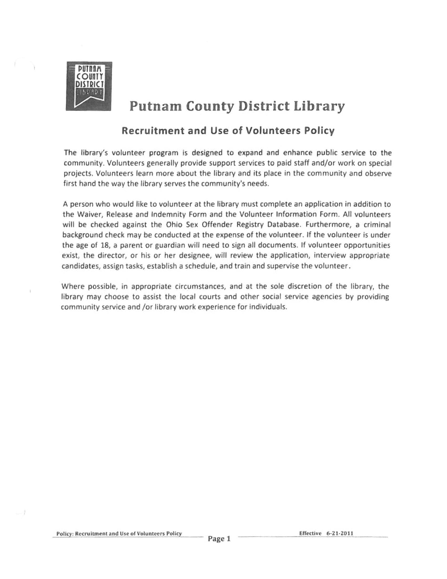 Volunteer Policy | Putnam County District Library