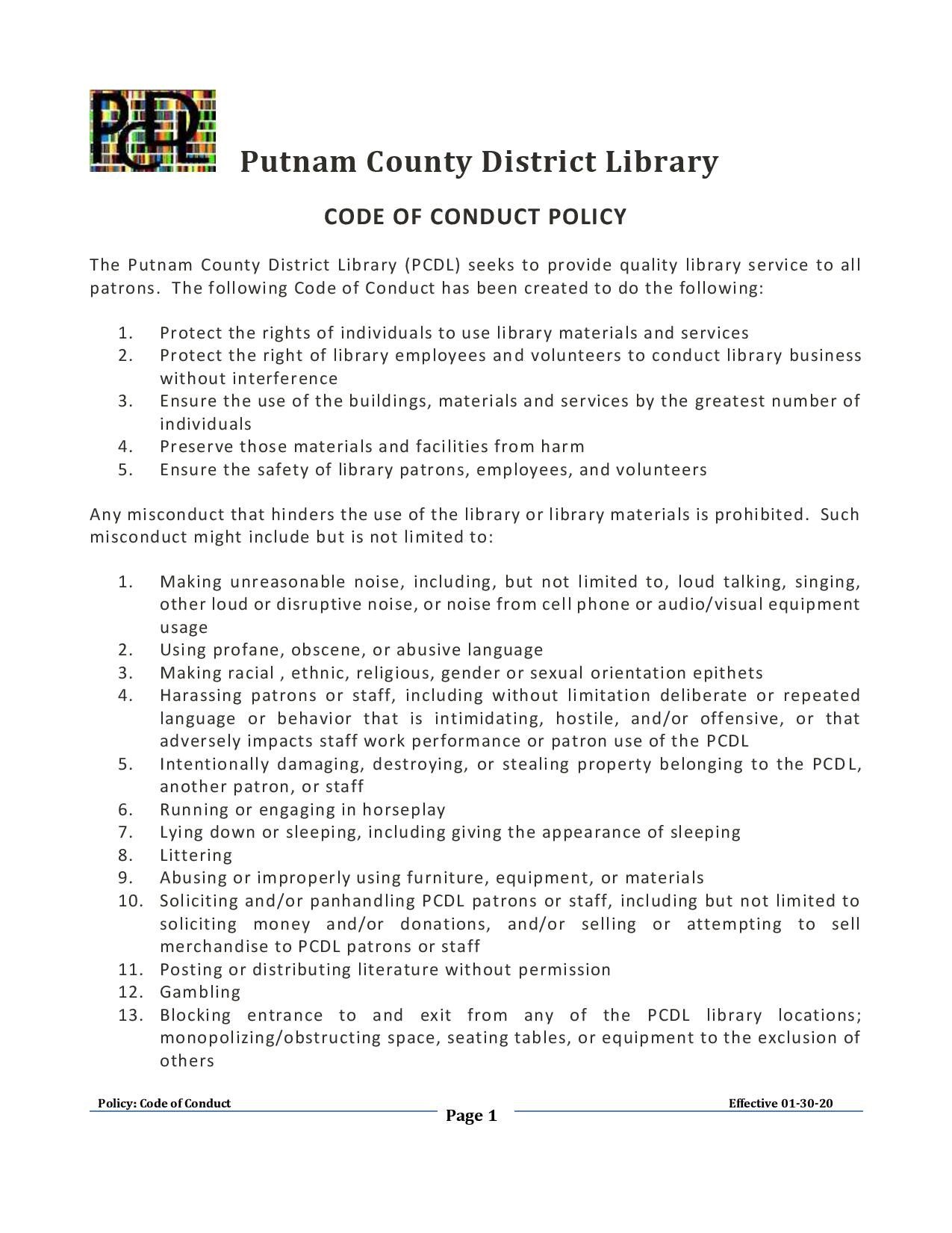 Code of Conduct | Putnam County District Library
